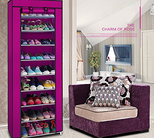 Gappys Shoe Rack Organizer Storage with Dustproof Cover - 10-Tier Free Standing Shoe Racks Cabinet for Closets,Shoe Stand,Shoe Shelf Storage (Pink), 22.83 x 11.4 x 63 inch