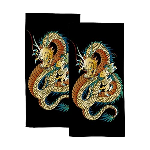 Kuizee Microfiber Hand Towel Face Towels Set of 2 Oriental Dragon Painting Quick-Dry Highly Absorbent Ultra Soft Bathroom Kitchen 30X15 Inch