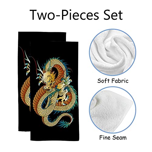 Kuizee Microfiber Hand Towel Face Towels Set of 2 Oriental Dragon Painting Quick-Dry Highly Absorbent Ultra Soft Bathroom Kitchen 30X15 Inch