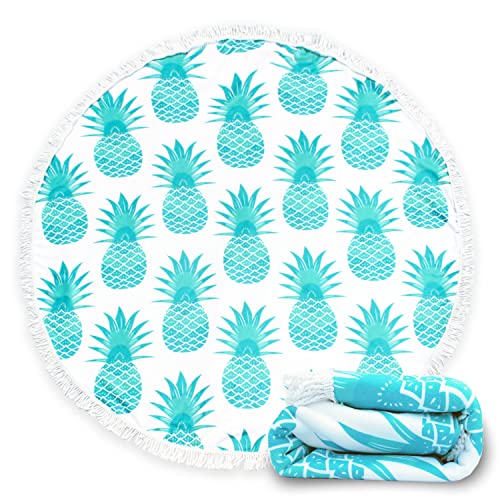 Filly Wink Pineapple Beach Towel Oversized 59x59 Microfiber Quick Dry Light Travel Towel Round Beach Towel Yoga Picnic Mat Room Decor Table Cloth Pool Camping Towel for Adults Beach Gifts - Teal