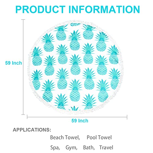 Filly Wink Pineapple Beach Towel Oversized 59x59 Microfiber Quick Dry Light Travel Towel Round Beach Towel Yoga Picnic Mat Room Decor Table Cloth Pool Camping Towel for Adults Beach Gifts - Teal