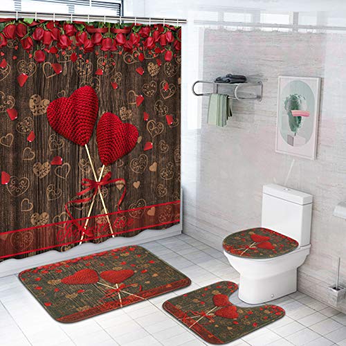 Claswcalor 4 Pcs Valentine’s Day Shower Curtain Set with Non-Slip Rugs, Toilet Lid Cover and Bath Mat, Red Love Heart Shower Curtains with 12 Hooks, Rose Vintage Shower Curtains for Bathroom Decor