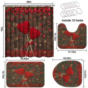 Claswcalor 4 Pcs Valentine’s Day Shower Curtain Set with Non-Slip Rugs, Toilet Lid Cover and Bath Mat, Red Love Heart Shower Curtains with 12 Hooks, Rose Vintage Shower Curtains for Bathroom Decor