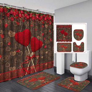 Claswcalor 4 Pcs Valentine’s Day Shower Curtain Set with Non-Slip Rugs, Toilet Lid Cover and Bath Mat, Red Love Heart Shower Curtains with 12 Hooks, Rose Vintage Shower Curtains for Bathroom Decor