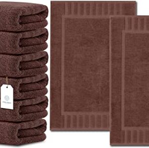 White Classic Luxury Hand Towels | 6 Pack and Product Image Luxury Bath Mat Floor | 2 Pack Bundle (Brown)