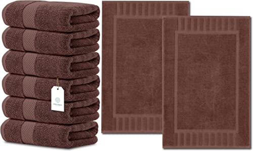 White Classic Luxury Hand Towels | 6 Pack and Product Image Luxury Bath Mat Floor | 2 Pack Bundle (Brown)