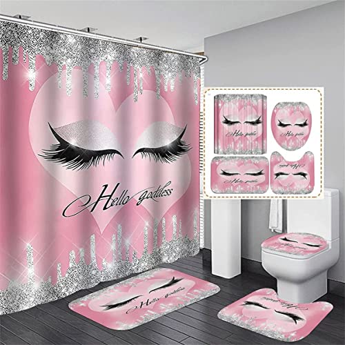 Byitre 4PCS Bling Eyelashes Shower Curtains with Rugs Bath Mat Toilet Lid Cover and 12 Hooks Waterproof Glittering Eyes Bathroom Shower Curtain Set, Fushia, 71' x 71'