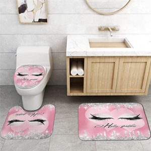 Byitre 4PCS Bling Eyelashes Shower Curtains with Rugs Bath Mat Toilet Lid Cover and 12 Hooks Waterproof Glittering Eyes Bathroom Shower Curtain Set, Fushia, 71' x 71'