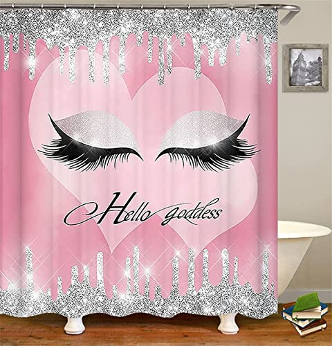 Byitre 4PCS Bling Eyelashes Shower Curtains with Rugs Bath Mat Toilet Lid Cover and 12 Hooks Waterproof Glittering Eyes Bathroom Shower Curtain Set, Fushia, 71' x 71'