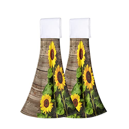 Sunflowers Hanging Kitchen Towels 2 Pack, Rustic Wooden Hand Bath Towels Tie Towels 12x17in Soft Absorbent Dish Cloth Tea Bar Towels for Home Hotel Kitchen Decor