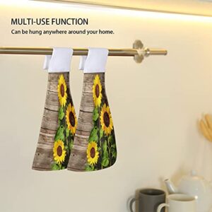 Sunflowers Hanging Kitchen Towels 2 Pack, Rustic Wooden Hand Bath Towels Tie Towels 12x17in Soft Absorbent Dish Cloth Tea Bar Towels for Home Hotel Kitchen Decor