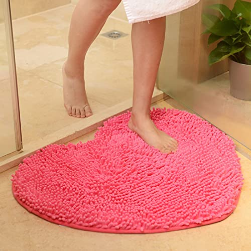 JAIJY Pink Heart Shaped Chenille Bath Mat Soft Absorbent Plush Microfiber Bathroom Rug Non-Slip Machine Washable Shaggy Mats Carpet for Shower, Bedroom, Bathtub, 16"x20"