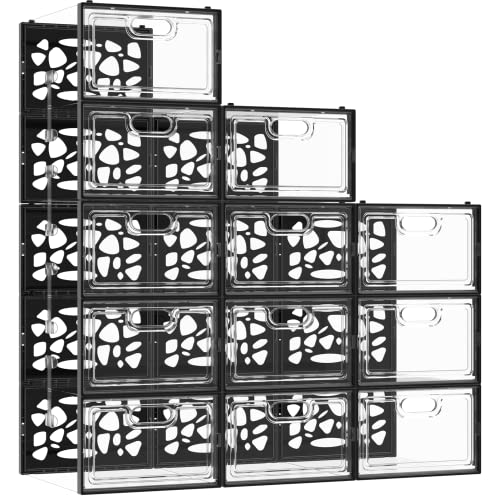 WALL QMER Shoe Boxes Clear Plastic Stackable, 12Pack, Large Size, Up to US Size 12, Crystal Clear Shoe Storage, Easy to Assemble, Sturdy, Versatile Shoe Organizer, Black