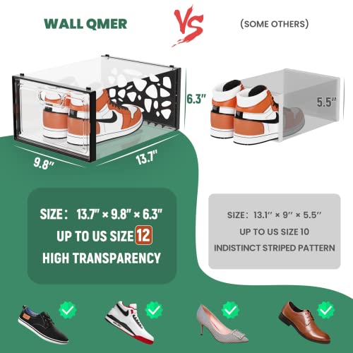 WALL QMER Shoe Boxes Clear Plastic Stackable, 12Pack, Large Size, Up to US Size 12, Crystal Clear Shoe Storage, Easy to Assemble, Sturdy, Versatile Shoe Organizer, Black