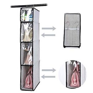 dearjana 4 tier handbag purse organizer with dustproof cover, foldable hanging closet wardrobe storage shelves closet storage system for living room bedroom home use, grey