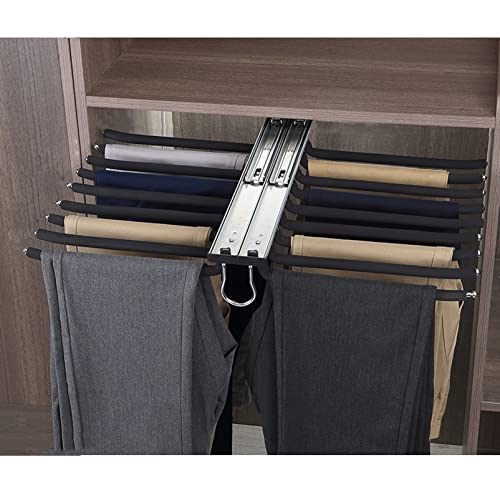 LOJOO Pull Out Trousers Rack 18 Arms, Steel Pull Out Pants Rack Pants Hanger Bar Clothes Organizers, Top Mount Adjustable Closet Extender Rod Hanging Telescopic Closet Clothes Rail (Color : Black)