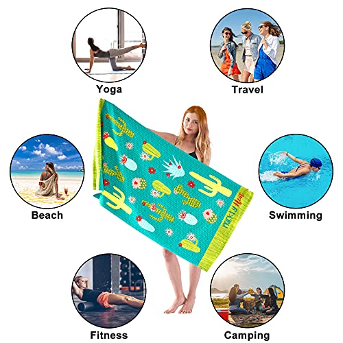 Touchat Beach Towel Oversized,Thick Microfiber Beach Towel 30”x60”,Super Absorbent Sand Free Cute Cactus Cool Swim Beach Towels for Kids,Men,Women,Boys,Girls