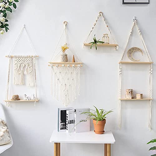 YuPinDiZu Macrame Wall Hanging Shelf | Boho Style with Wood Shelf | Handmade Macrame Shelf for Hanging Plants and Decor | Boho Wall Decor with Beautiful Macrame Rope and Shelf (13.8"X16") (13.8"X16")