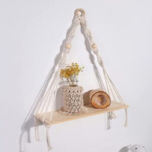 yupindizu macrame wall hanging shelf | boho style with wood shelf | handmade macrame shelf for hanging plants and decor | boho wall decor with beautiful macrame rope and shelf (13.8"x16") (13.8"x16")