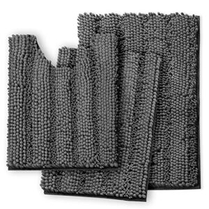 clara clark chenille bathroom rugs, ultra soft plush shaggy bath mats for bathroom, machine washable non slip backing rubber bath rug set, 3 piece bathroom rug set, gray