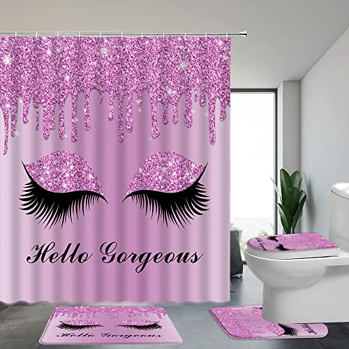 JONSEQIN 4 Piece Eyelash Orange Silver Hello Gorgeous Shower Curtain Sets with Non-Slip Rugs, Toilet Lid Cover and Bath Mat, Bathroom Sets with Shower Curtain and Rugs and 12 Hooks Accessories