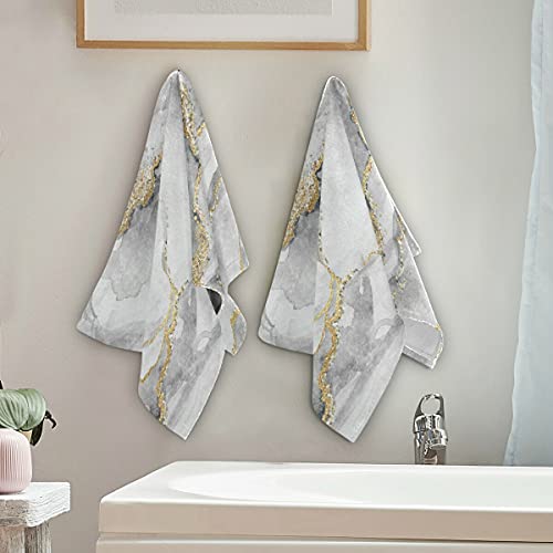 Grey Marble Hand Towels - Elegant White Marble Print with Gold Textured Pattern Cotton Soft Bath Hand Towel for Home Bathroom Kitchen Hotel Spa