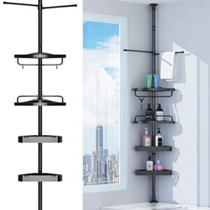 corner shower caddy tension pole - shower organizer tension pole with 4 shelves,rust resistant stand tension rod shower caddy for bathtub,bathroom,rv,kitchen storage - black,54-114” adjustable