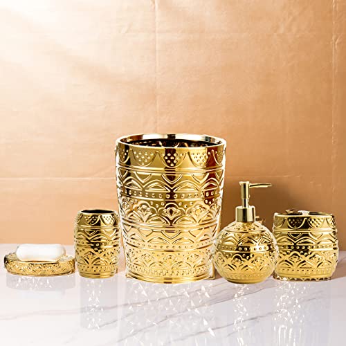 RXLVCKY Gold Bathroom Accessories Set, 5-Piece Ceramic Gift Set, Include Toothbrush Holder, Toothbrush Cup, soap Dispenser, soap Dish, Trash can