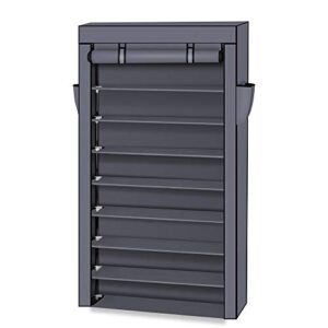 kepooman 10 tiers shoe rack with dustproof cover closet shelf shoe storage cabinet organizer,side pockets,gray