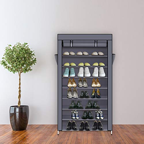 Kepooman 10 Tiers Shoe Rack with Dustproof Cover Closet Shelf Shoe Storage Cabinet Organizer,Side Pockets,Gray