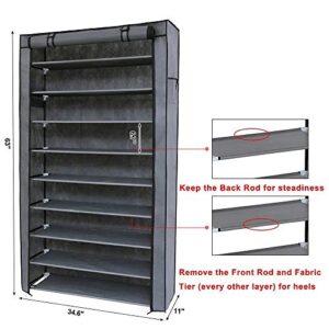 Kepooman 10 Tiers Shoe Rack with Dustproof Cover Closet Shelf Shoe Storage Cabinet Organizer,Side Pockets,Gray