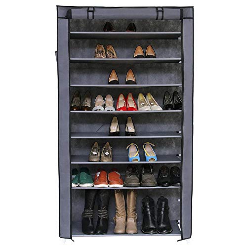 Kepooman 10 Tiers Shoe Rack with Dustproof Cover Closet Shelf Shoe Storage Cabinet Organizer,Side Pockets,Gray