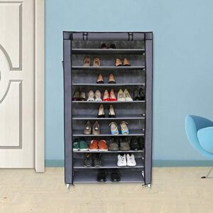 Kepooman 10 Tiers Shoe Rack with Dustproof Cover Closet Shelf Shoe Storage Cabinet Organizer,Side Pockets,Gray