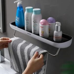 Floating Bathroom Organizer - Wall Mounted Shower Caddy Shelf - With Towel Rail - Extra Strong Self Adhesive - No Drilling - Easy Drainage - Rustproof. (White/Black)