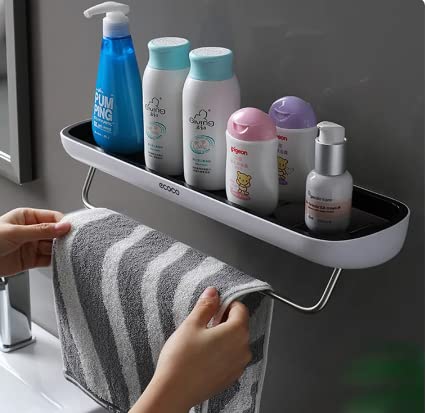 Floating Bathroom Organizer - Wall Mounted Shower Caddy Shelf - With Towel Rail - Extra Strong Self Adhesive - No Drilling - Easy Drainage - Rustproof. (White/Black)