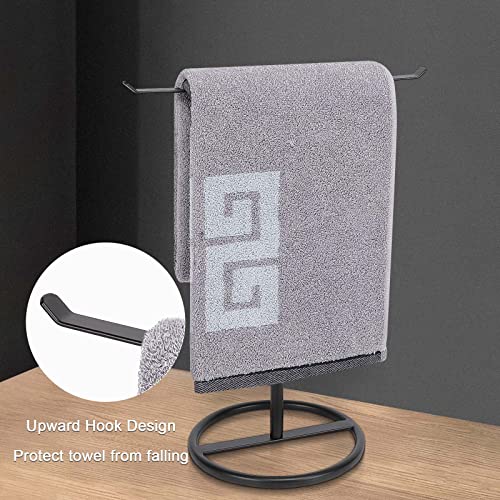 NearMoon T-Shape Hand Towel Holder-Bathroom Towel Rack-Stand with Round Base Towel Bar for Bathroom Kitchen Vanity Countertop, All-Metal Waterproof Standing Tower Ring, Matte Black