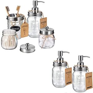 amolliar 4pcs & 2pcs brushed nickel mason jar bathroom accessories set-3 pcs lotion soap dispenser & 2 pcs cotton swab holder &1pcs toothbrush holder,waterproof stickers,rustic farmhouse decor