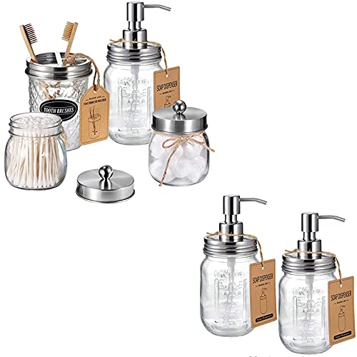 Amolliar 4PCS & 2pcs Brushed Nickel Mason Jar Bathroom Accessories Set-3 pcs Lotion Soap Dispenser & 2 pcs Cotton Swab Holder &1pcs Toothbrush Holder,Waterproof Stickers,Rustic Farmhouse Decor