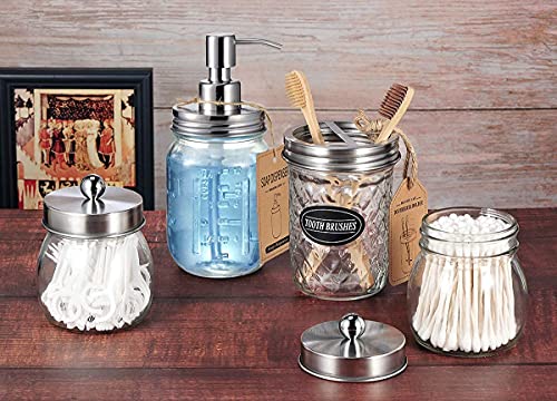 Amolliar 4PCS & 2pcs Brushed Nickel Mason Jar Bathroom Accessories Set-3 pcs Lotion Soap Dispenser & 2 pcs Cotton Swab Holder &1pcs Toothbrush Holder,Waterproof Stickers,Rustic Farmhouse Decor