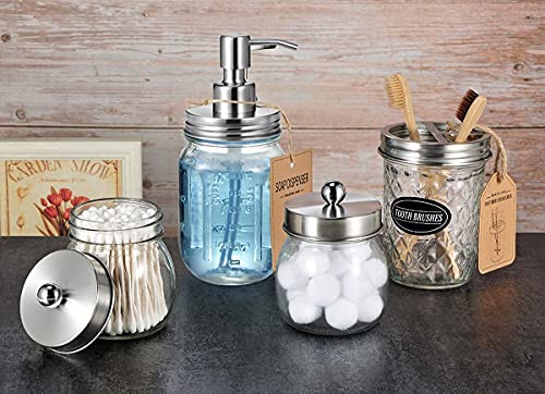 Amolliar 4PCS & 2pcs Brushed Nickel Mason Jar Bathroom Accessories Set-3 pcs Lotion Soap Dispenser & 2 pcs Cotton Swab Holder &1pcs Toothbrush Holder,Waterproof Stickers,Rustic Farmhouse Decor