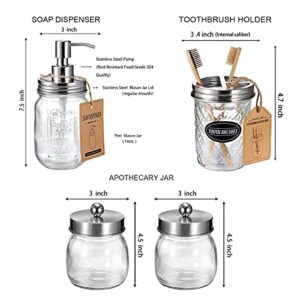 Amolliar 4PCS & 2pcs Brushed Nickel Mason Jar Bathroom Accessories Set-3 pcs Lotion Soap Dispenser & 2 pcs Cotton Swab Holder &1pcs Toothbrush Holder,Waterproof Stickers,Rustic Farmhouse Decor