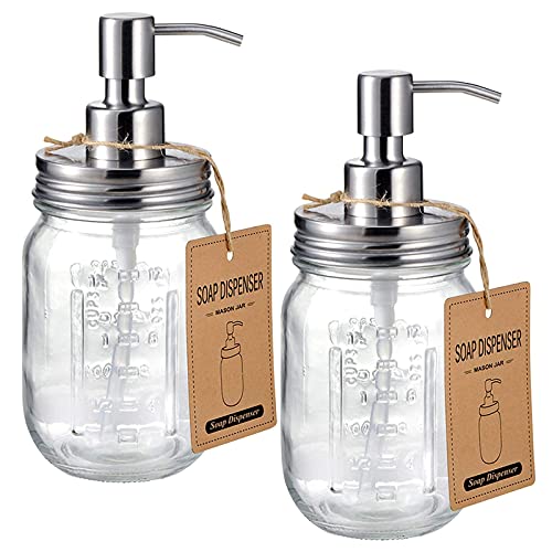 Amolliar 4PCS & 2pcs Brushed Nickel Mason Jar Bathroom Accessories Set-3 pcs Lotion Soap Dispenser & 2 pcs Cotton Swab Holder &1pcs Toothbrush Holder,Waterproof Stickers,Rustic Farmhouse Decor