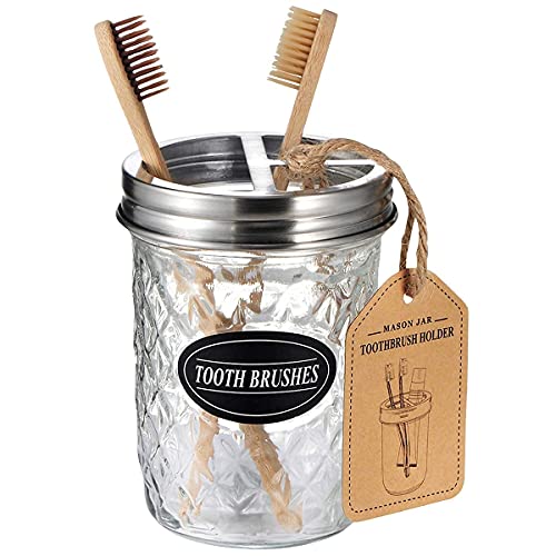 Amolliar 4PCS & 2pcs Brushed Nickel Mason Jar Bathroom Accessories Set-3 pcs Lotion Soap Dispenser & 2 pcs Cotton Swab Holder &1pcs Toothbrush Holder,Waterproof Stickers,Rustic Farmhouse Decor