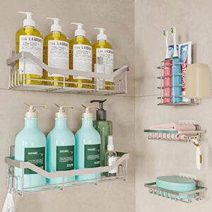 vntop 5-pack stainless steel shower caddy with self-adhesive large capacity racks, shelves, and storage - rustproof bathroom organizer for inside the shower, with no-drill required shower shelf accessories