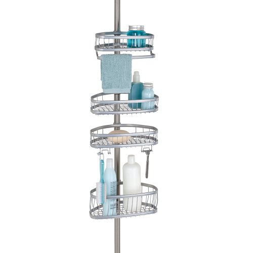 iDesign York Metal Wire Tension Rod Corner Shower Caddy, Adjustable 5'-9' Pole and Baskets for Shampoo, Conditioner, Soap with Hooks for Razors, Towels, Silver