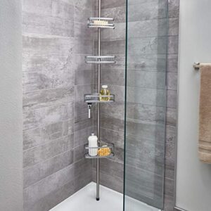 iDesign York Metal Wire Tension Rod Corner Shower Caddy, Adjustable 5'-9' Pole and Baskets for Shampoo, Conditioner, Soap with Hooks for Razors, Towels, Silver