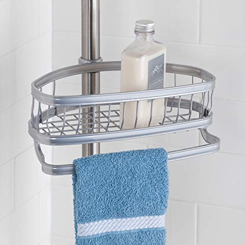 iDesign York Metal Wire Tension Rod Corner Shower Caddy, Adjustable 5'-9' Pole and Baskets for Shampoo, Conditioner, Soap with Hooks for Razors, Towels, Silver