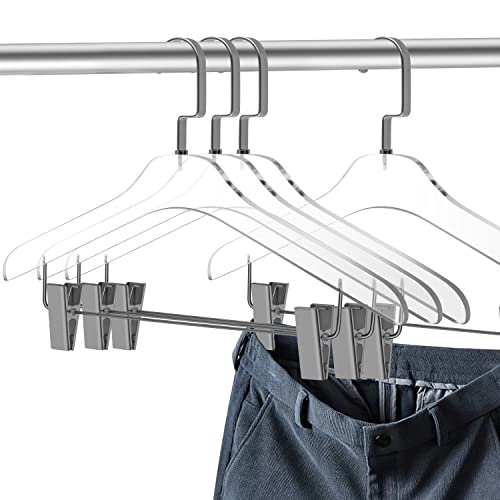 Quality Clear Acrylic Skirt Pant Hangers with Clips – 4 Pack, Stylish Clothes Hanger with Silver Hooks - Coat Hanger for Dress, Suit - Closet Organizer Adult Hangers - Cloth Hangers (Silver Hook, 4)