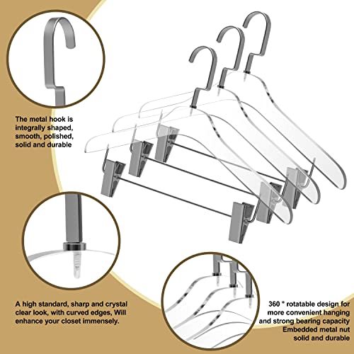 Quality Clear Acrylic Skirt Pant Hangers with Clips – 4 Pack, Stylish Clothes Hanger with Silver Hooks - Coat Hanger for Dress, Suit - Closet Organizer Adult Hangers - Cloth Hangers (Silver Hook, 4)