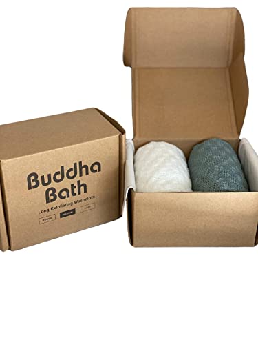 Buddha Bath Extra Long Exfoliating Shower Towel Washcloth (Medium EXFOLIATE) - Silver Blue & White - (2 Pack)